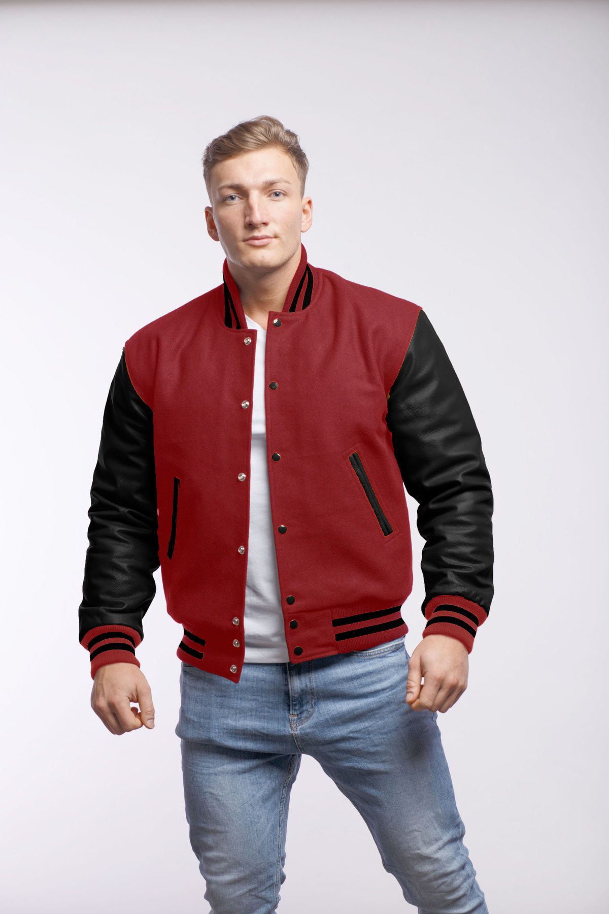 Varsity Base School Jacket Crimson Red Wool Bright Black Leather Sleeves
