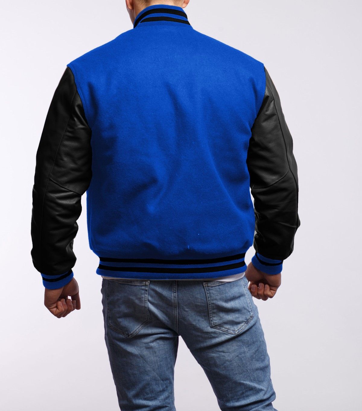 Varsity Base School Jacket Bright Royal Blue Wool Black Leather Sleeves ...