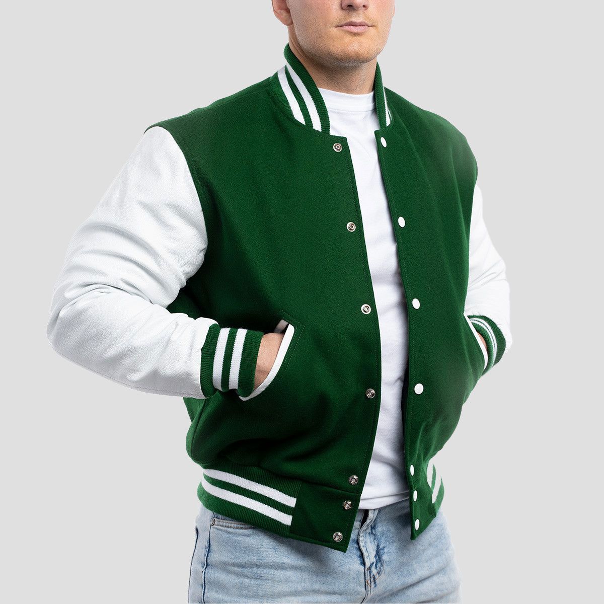 Varsity Base Men Jacket Kelly Green Wool Body And White Vinyl Sleeves ...