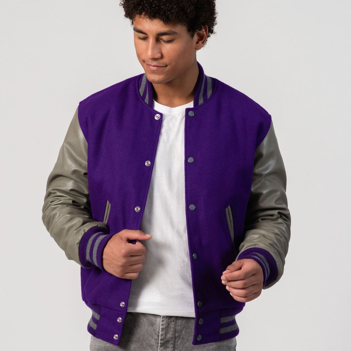 Varsity Base Men Jacket Purple Body And Grey Vinyl Sleeves Letterman Jacket