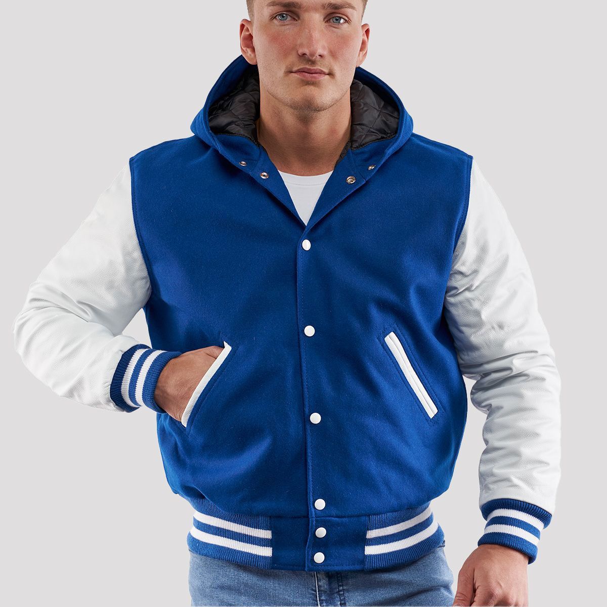 Varsity Base Men Jacket Bright Royal Wool Body And White Vinyl Sleeves ...