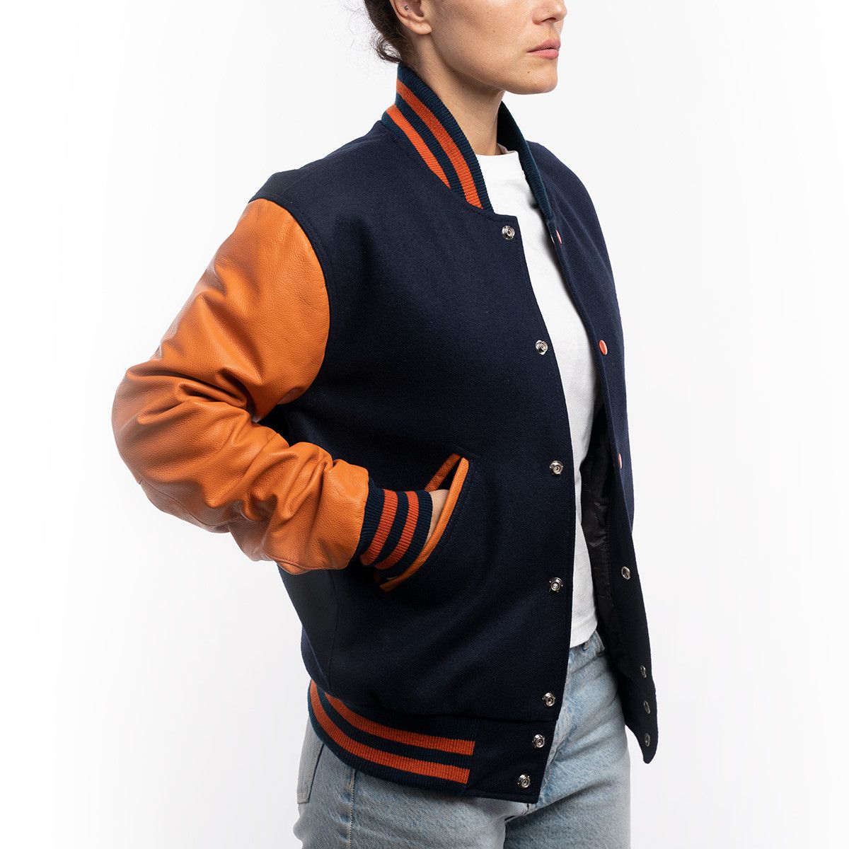 Varsity Base Women Jacket Royal Blue Wool Body Orange Leather Sleeves ...