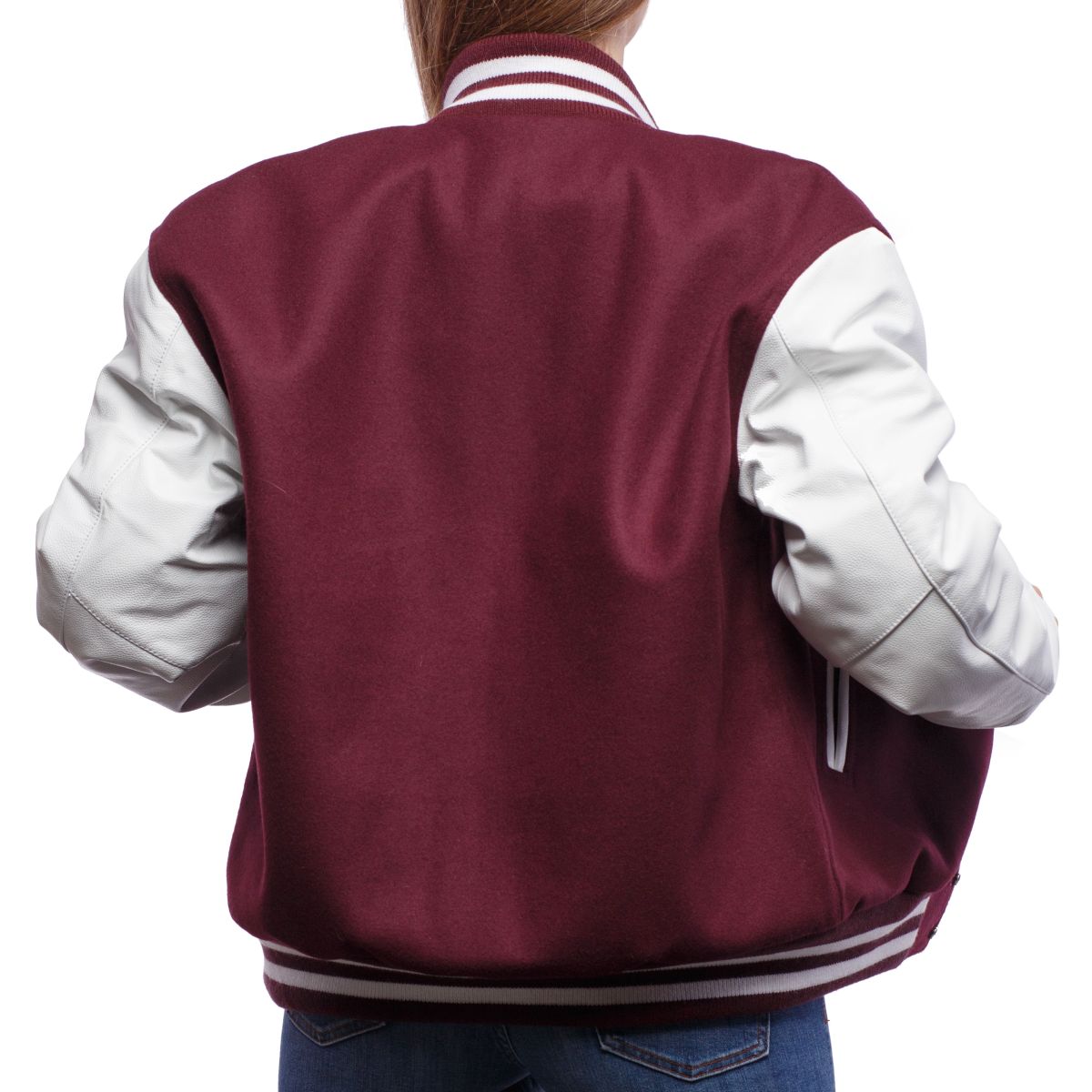 Varsity Base Women Jacket Maroon Wool Body White Leather Sleeves ...