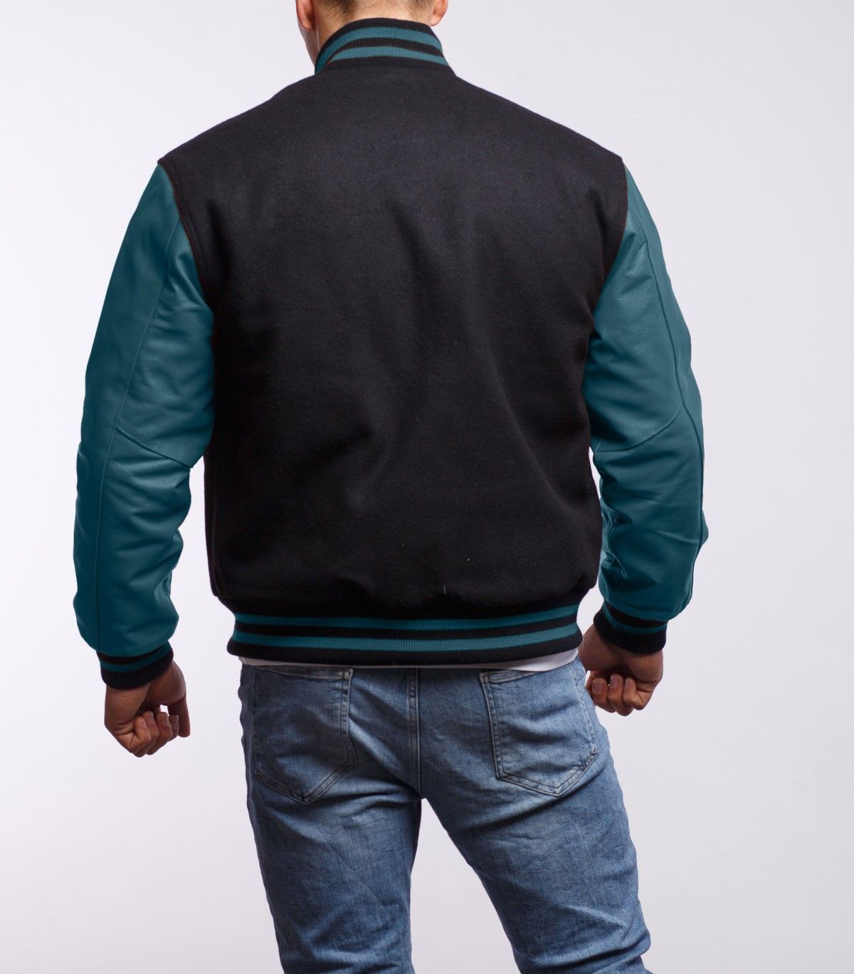 Varsity Base School Jacket Black Wool Body Teal Leather Sleeves ...