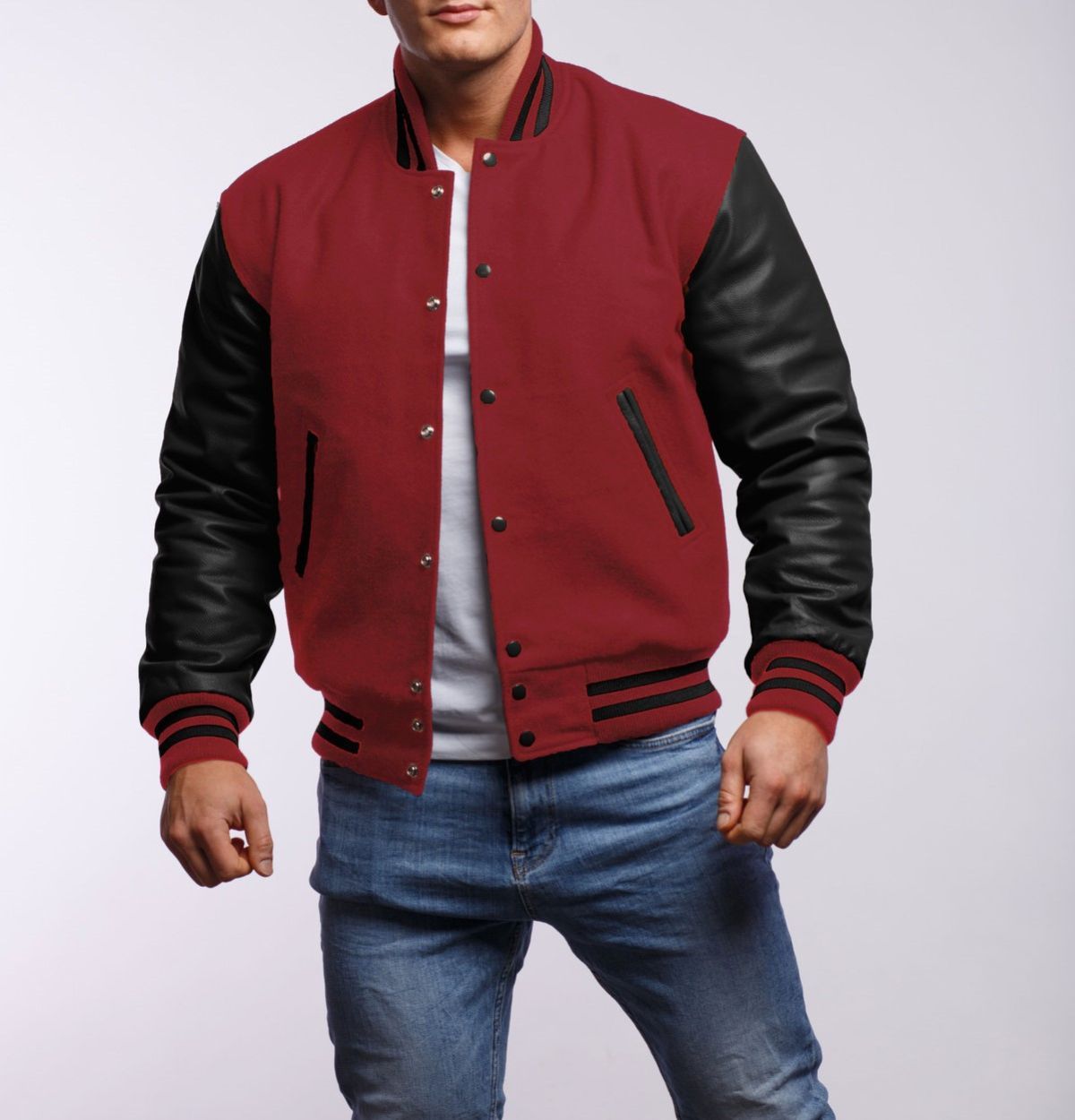 Varsity Base School Jacket Cardinal Red Wool Body Black Leather Sleeves ...
