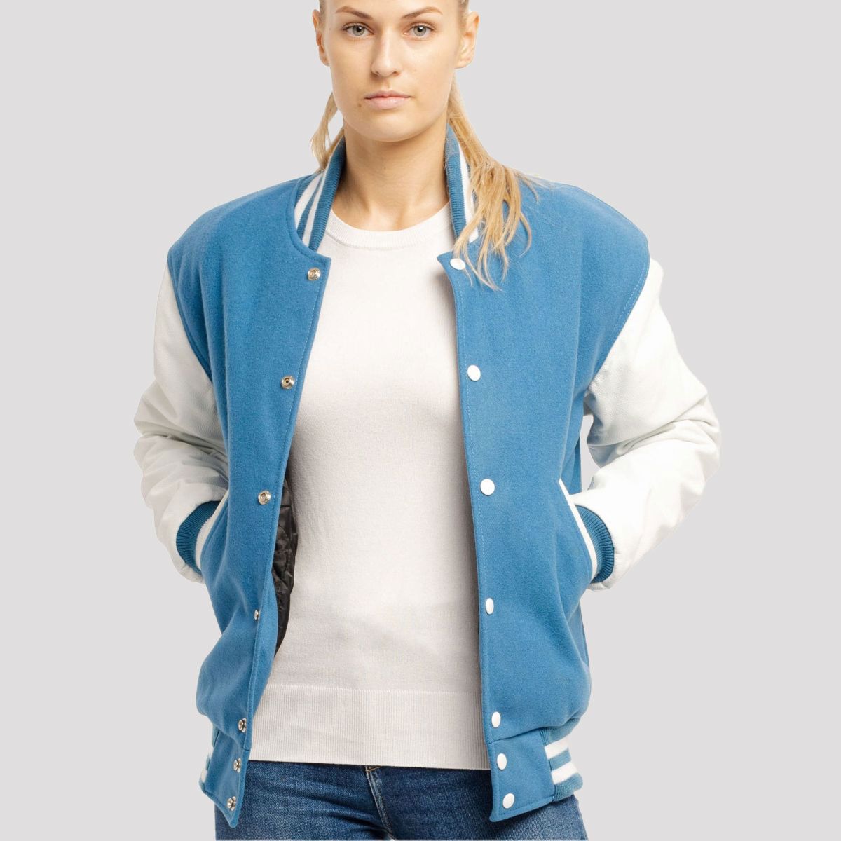 Varsity Base Women Jacket Newark Blue Wool Body Bright White Leather ...