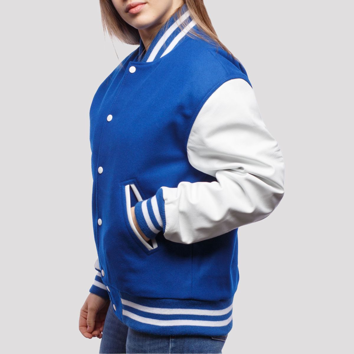 Varsity Base Women Jacket Bright Royal Wool Body And Bright White Vinyl ...